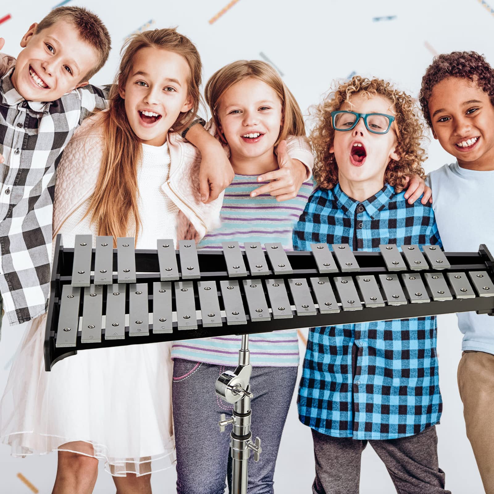 MIRIO Advanced 32 Note Glockenspiel Xylophone Bell Kit Percussion Kit for Adult Beginner Students with Adjustable Stand Mallets, Drum Practice Pad, Glockenspiel Stick, Drum Sticks and Carrying Bag