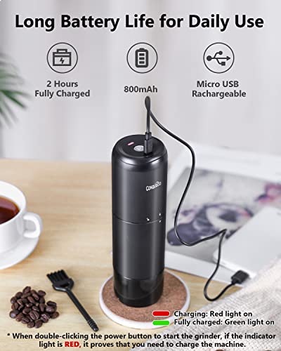 Portable Electric Burr Coffee Grinder: CONQUECO Small Coffee Bean Grinding Machine - Rechargeable Stainless Conical Burr Grinders with Multiple Grind Settings, 20g (with Brush)