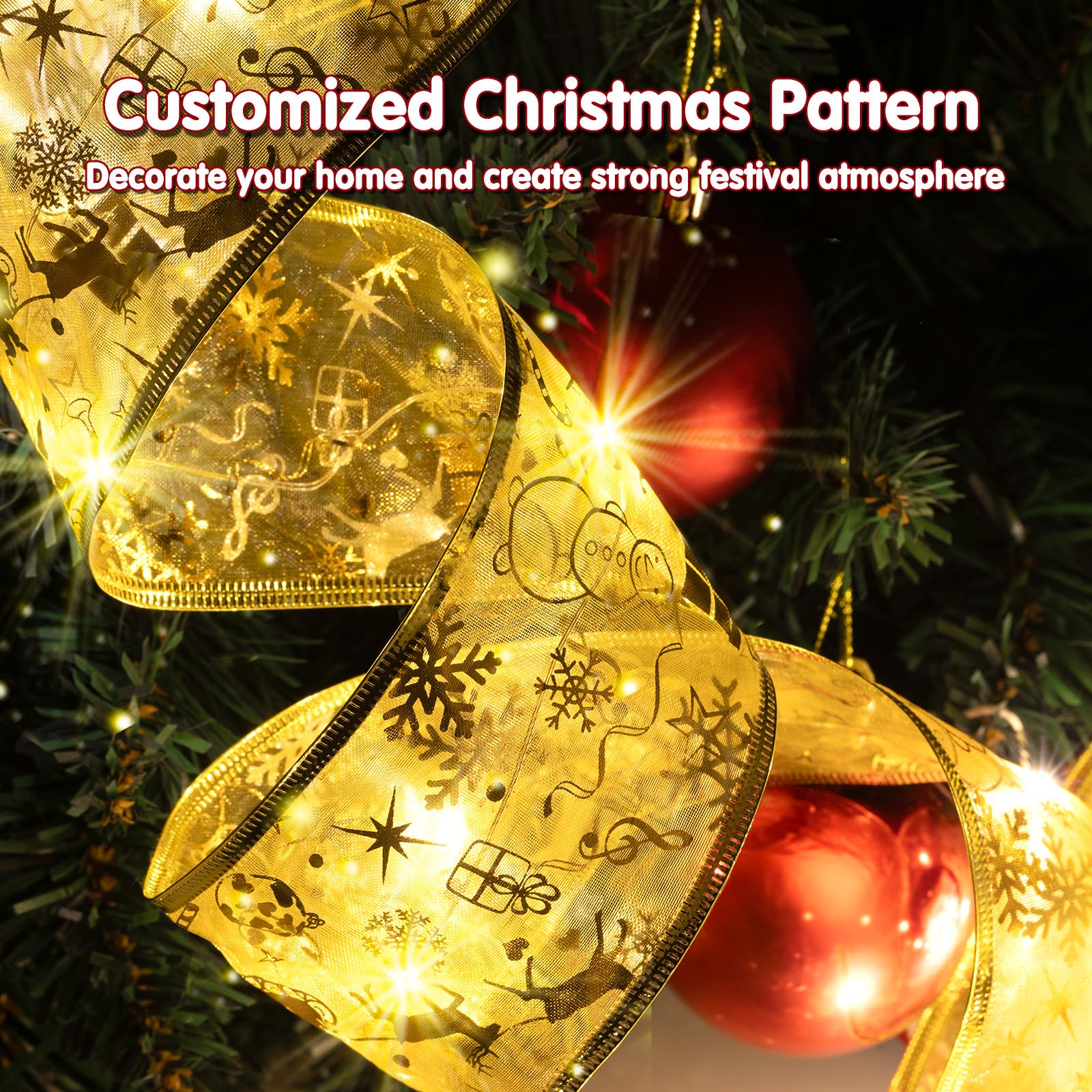 Lecone Christmas Tree Decorations, 2 Pack Christmas Ribbon Lights 40Ft 120 LED Copper Wire Fairy Lights with 8 Modes & Timer, USB or Battery Operated Christmas Lights for Tree Indoor (Warm Light)