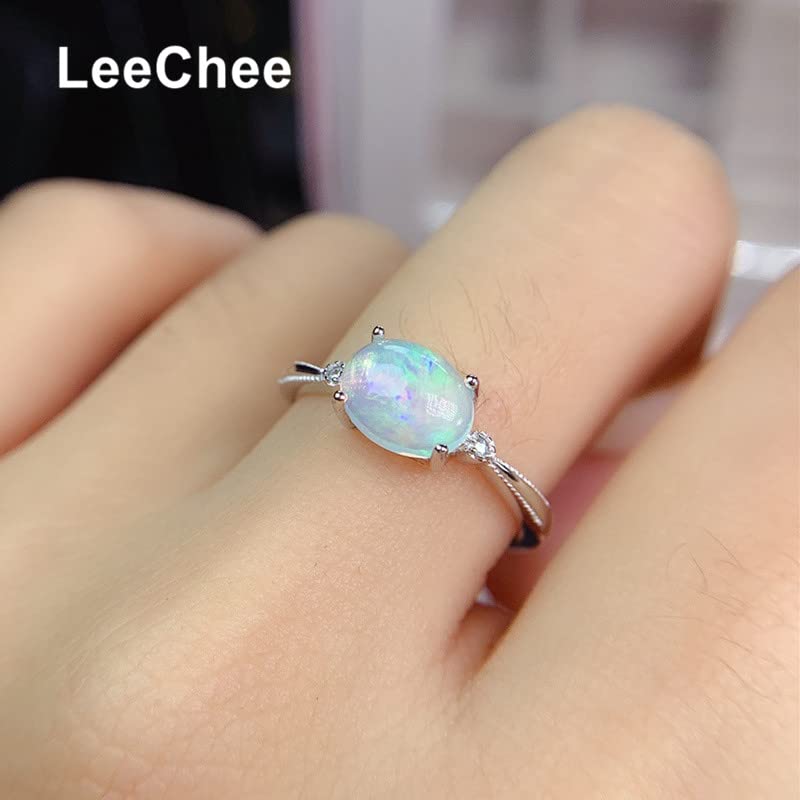 Real Opal Ring 6x8MM Natural Colorful Gemstone Fine Jewelry 925 Sterling Silver for Women Anniversary Party Gift Simple Design