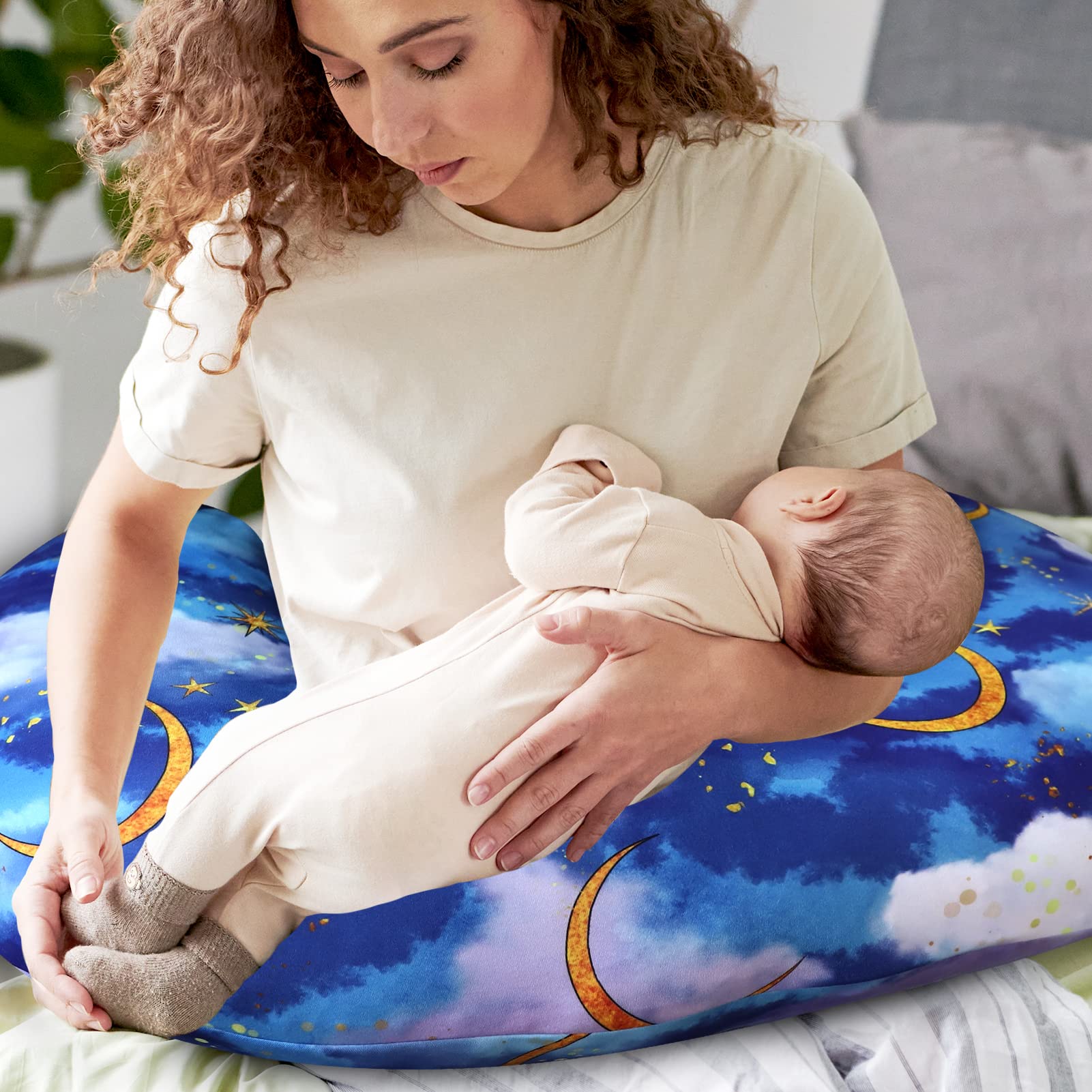 Nursing Pillow Cover Stretchy Removable Cover for Breastfeeding Pillows, Ultra Soft Comfortable Slipcover for Baby Girl and Boy, Moon