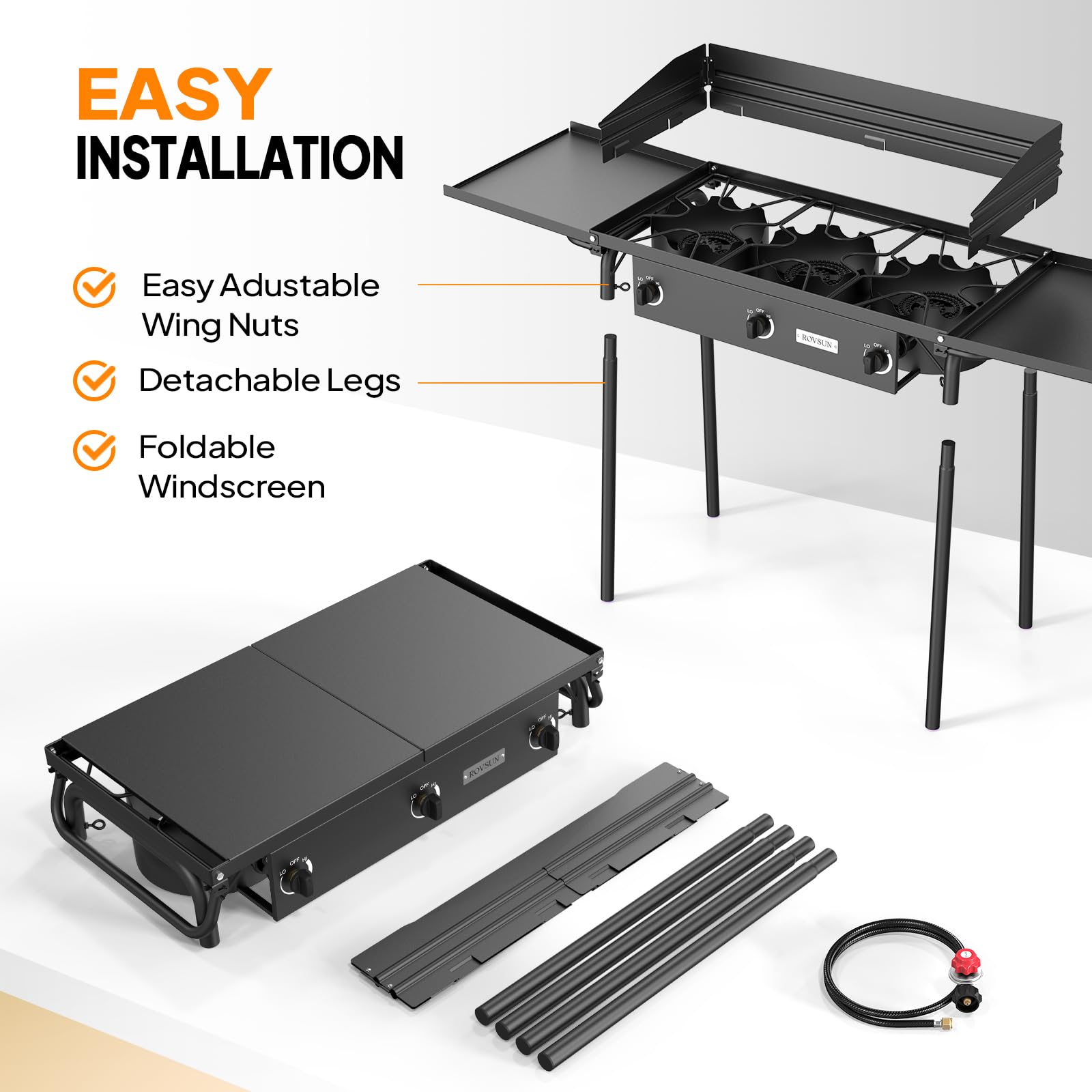 ROVSUN 3 Burner Gas Stove with 2 Side Shelves, 225,000BTU Portable Propane Stove with Removable Leg, Wind Panel, Regulator for Camping Home Backyard Outdoor Cooking Brewing Canning Turkey Frying
