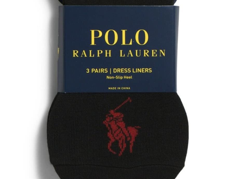 Polo Ralph Lauren Men's Socks Polyester/Spandex Blend 3 Pairs Dress Liners, Non-Slip Heel Black (6-12.5 M US)
