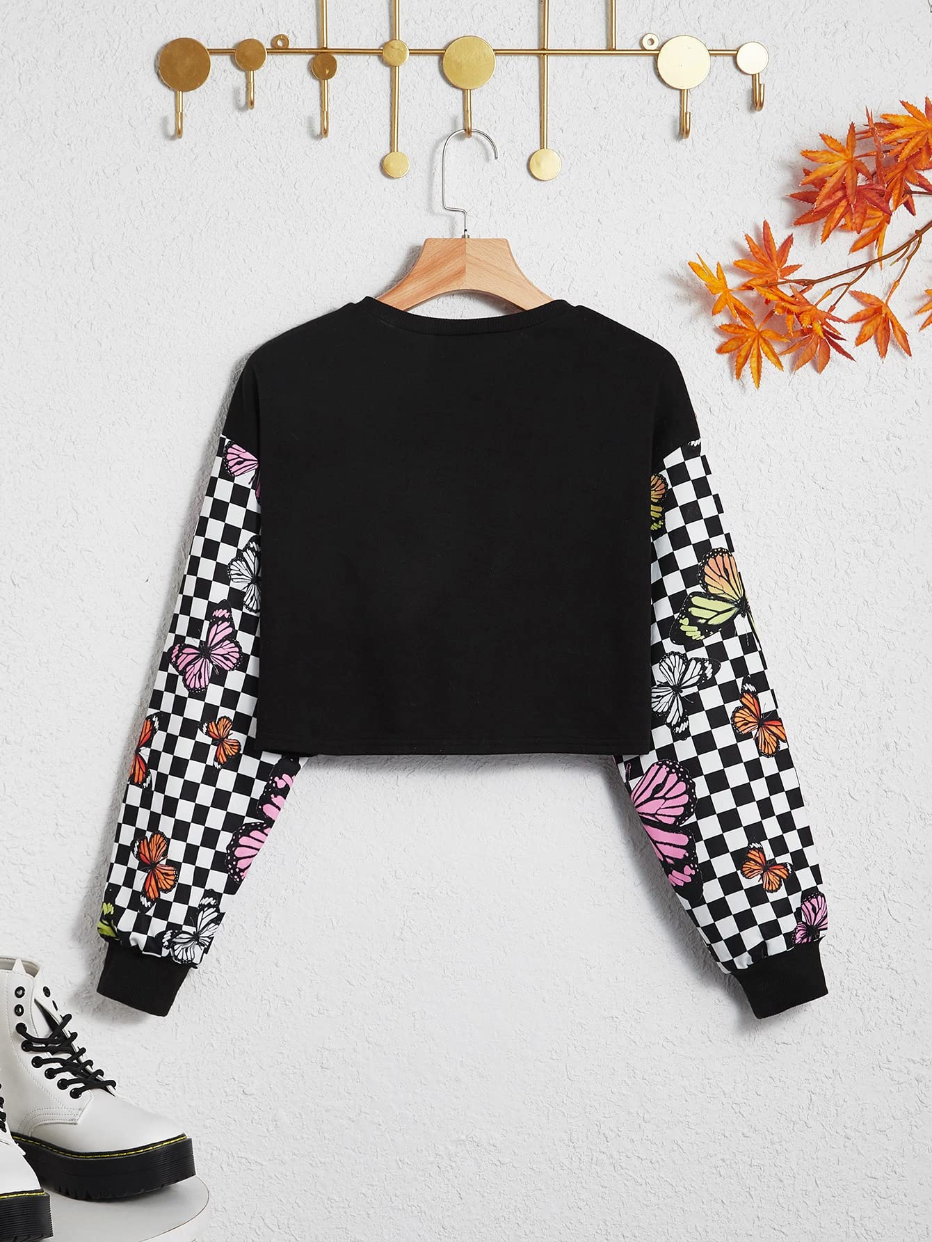 SHENHE Girl's Plaid Long Sleeve Crewneck Graphic Color Block Cropped Sweatshirt Tops Black Checker Butterfly 8-9Y