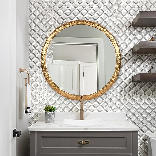 Varsoul 30 * 30in Antique Gold Decorative Metal Framed Round Wall Mirror,Decorative Accent Wall Mirrors Modern for Living Room, Entryway, Foyer, Hallway, Bedroom
