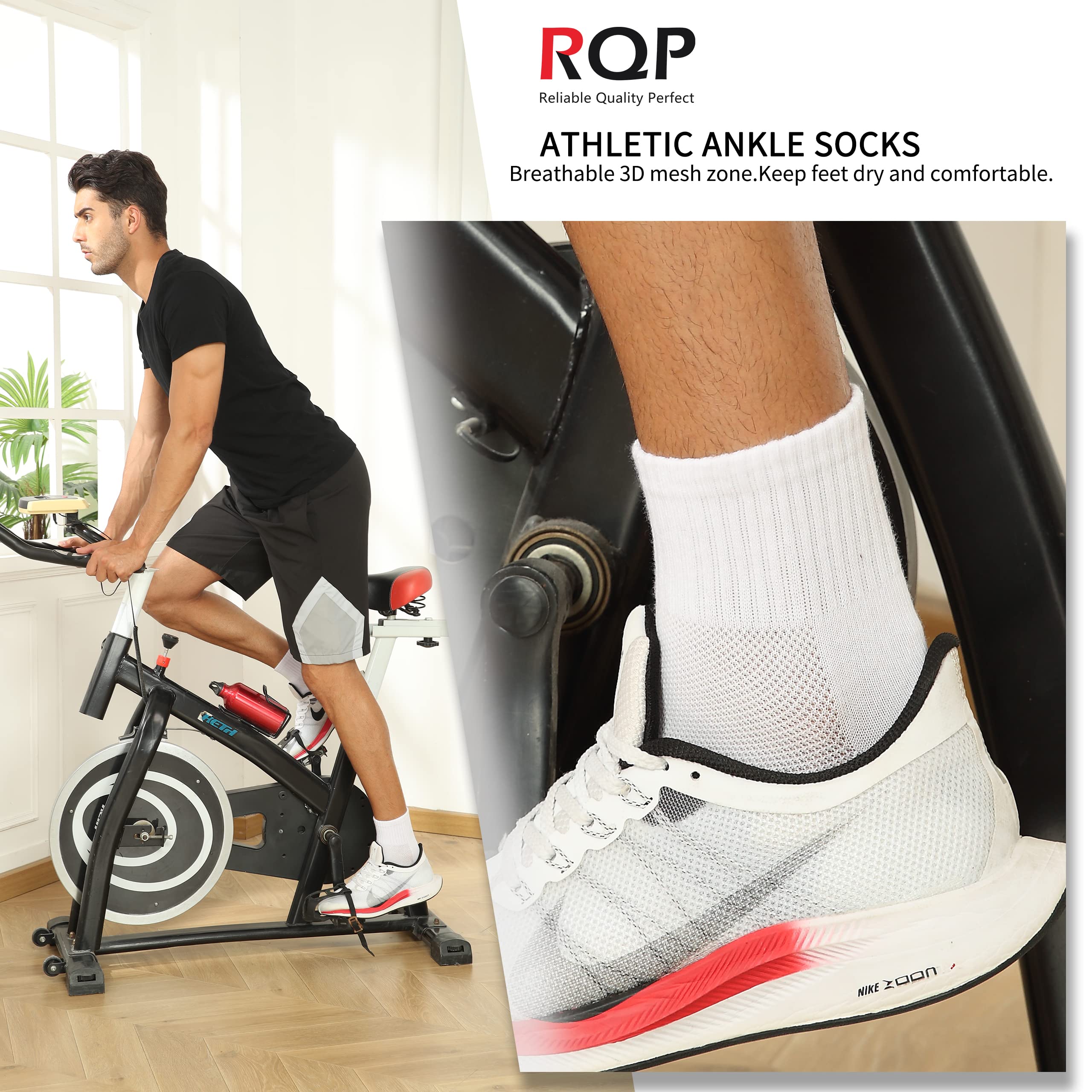 RQP Mens Athletic Ankle Socks,4 Pair Size 9-12 Compression Running Cotton 3D Mesh Heavy Duty Quarter Length Knit Cushioned Liner Work Sox,White