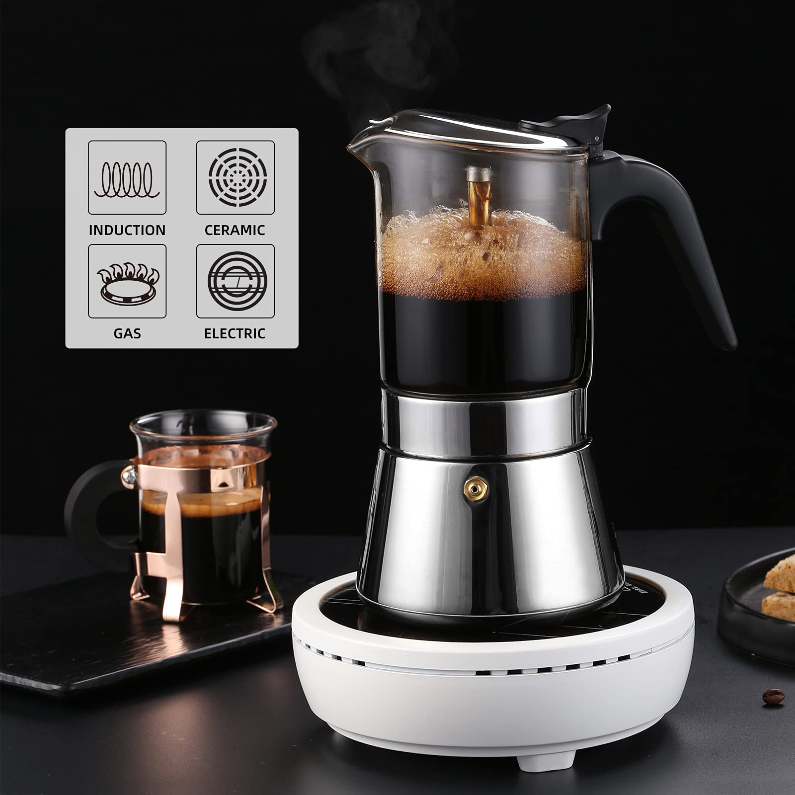 Rumia Stainless Steel &Glass Stovetop Moka Pot,Classic Italian Style Espresso Cup Moka Pot,Easy to Operate & Quick Cleanup Moka Pot (6 Cup)
