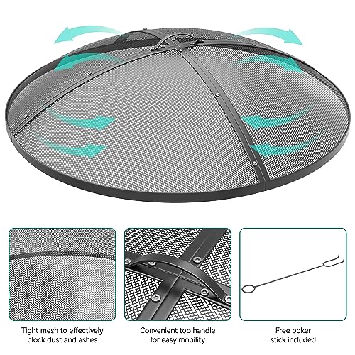 YITAHOME Heavy-Duty Fire Pit Spark Screen with Handle and Poker, Metal Fire Pit Cover for 36-Inch Round Outdoor Fire Pits