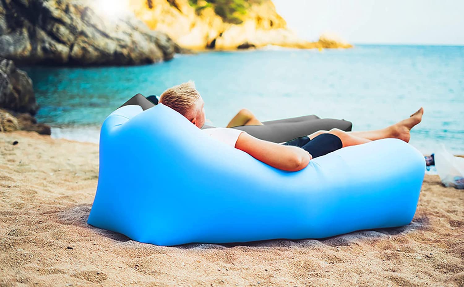 Portable Inflatable Lounger Air Sofa Couch, Anti- Air Leaking Beach Lounger for Camping Picnics Hiking Beach Music (Black)