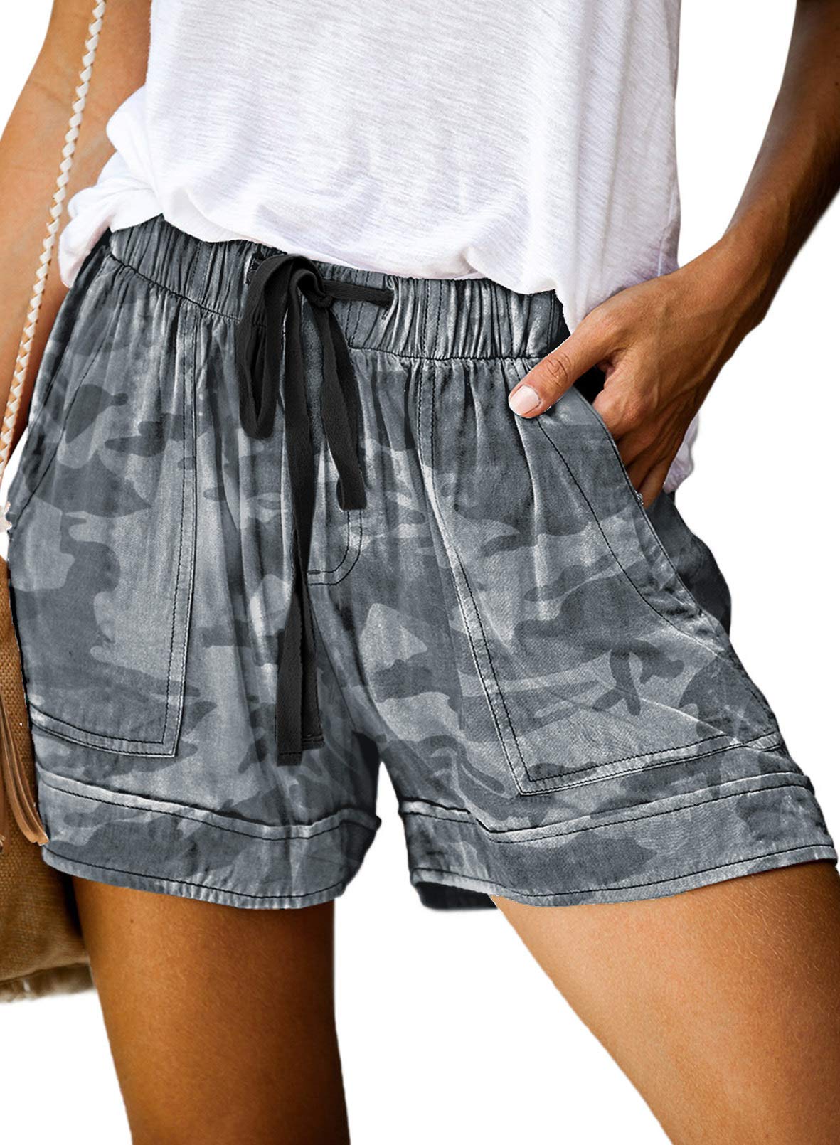 ROSKIKI Flower Print Drawstirng Elastic Waist Shorts for Women Lightweight Active Short Pants Green X-Large