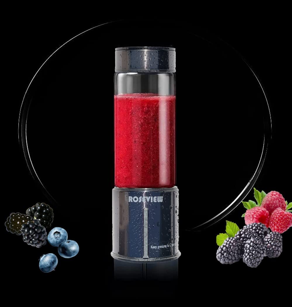 Portable Smoothie blender Glass bottle Mini USB rechargeable 2 battery Handheld Shakes blend Cup USB juicer Cordless (Jet Black)