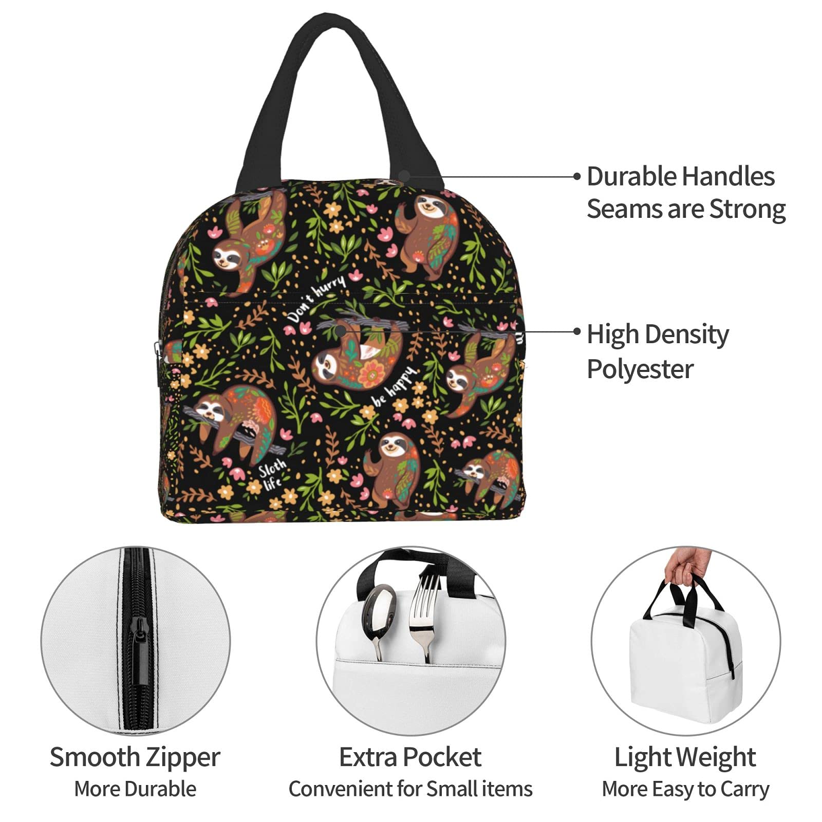 Sloth Insulated Lunch Bag with Front Pocket,Reusable Cooler Tote with Zipper for Men & Women