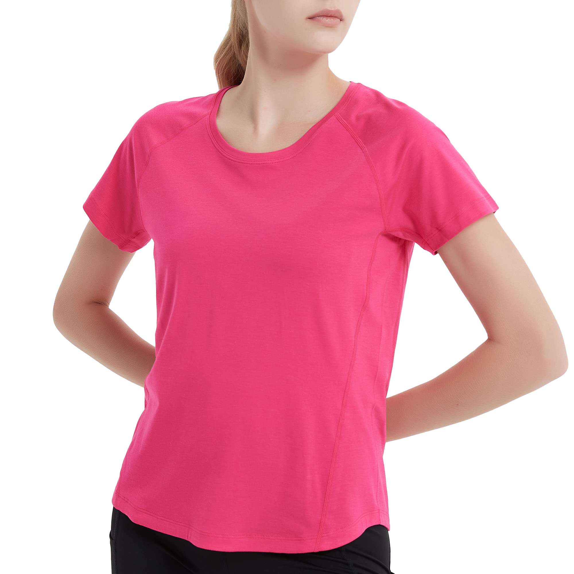netdraw Women's Ultra-Soft Bamboo Workout T-Shirt Seamless Yoga Running Gym Athletic Casual Short Sleeve Tops(Rose Red, Medium)