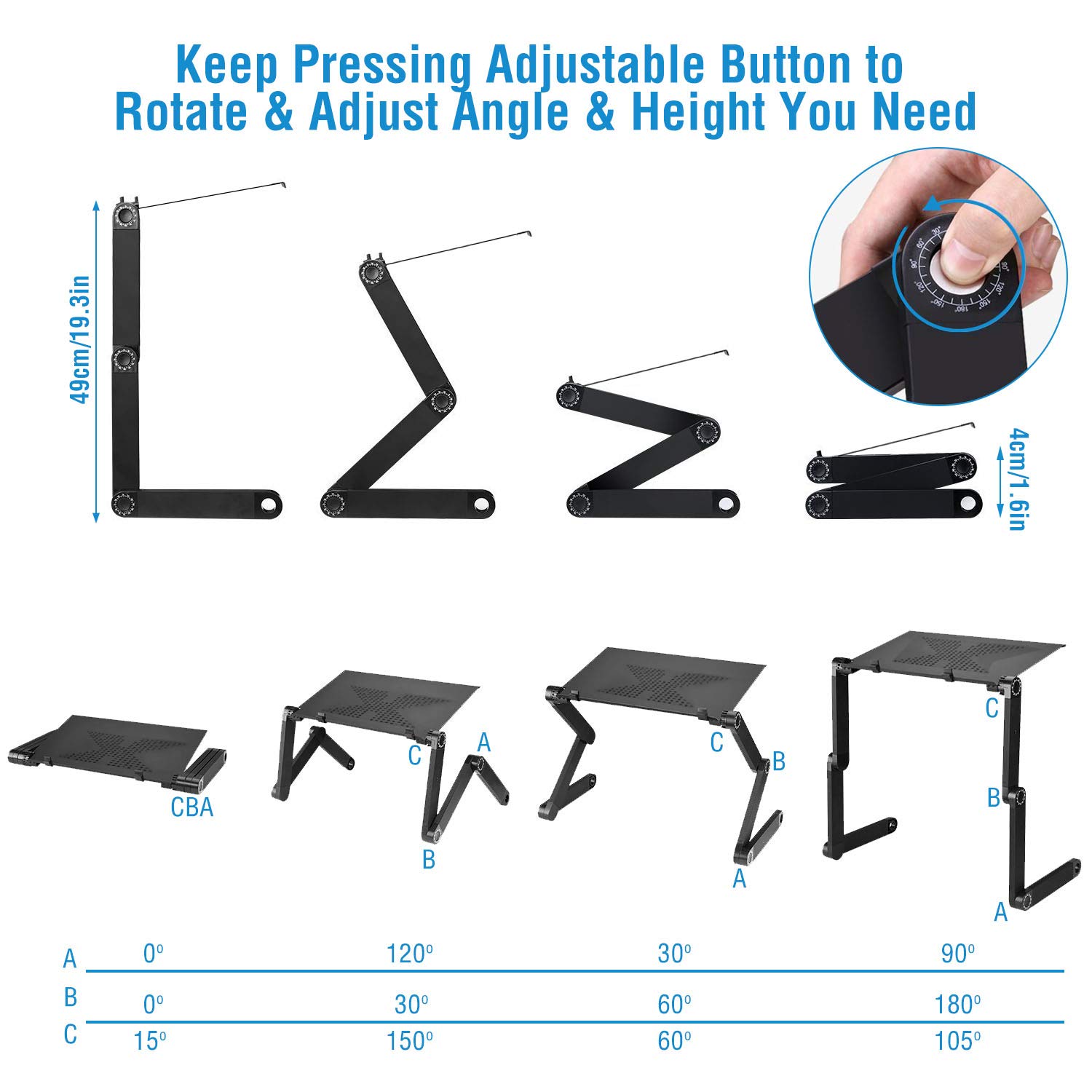 KOCASO Adjustable Laptop Stand, Aluminum Portable Laptop Table for up to 21" Laptops with Mouse Pad, Ergonomic Laptop Holder Computer Lap Desk Tray Standing for Couch TV Bed Sofa Office Students Gift