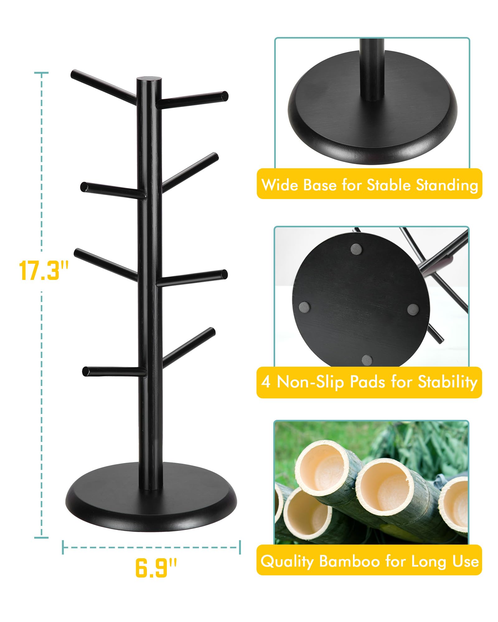 Lorbro Coffee Mug Tree with 8 Hooks, Mug Tree Stand, Bamboo Coffee Cup Holder, Countertop Mug Tree, Mug Stand Kitchen Organizer, Cafe Accessories Decor & Kitchen Organizer Storage Stand (Black)