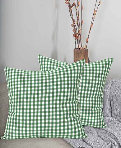 WHITEWRAP Pillow Cover| Farmhouse Checkers Decorative Throw Pillow Cover| Pillowcase| 18x18 inch Pack of 2 Green and White