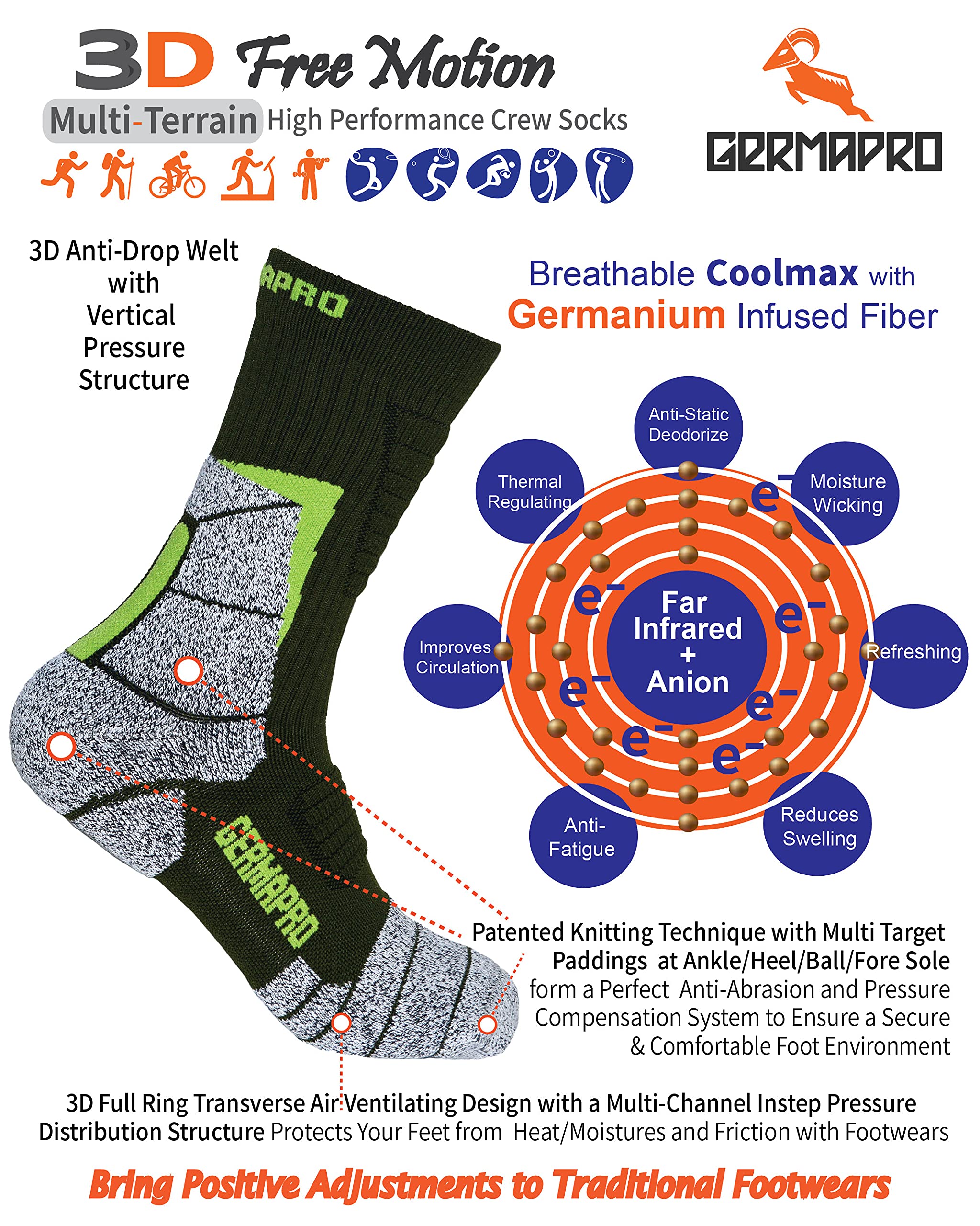 Men's Breathable Hiking Work Boot Socks w/Anti-Stress Moisture Wicking Germanium & Coolmax Fiber Lite-Compression 1/2 pr (X-Large, 1 Olive + 1 Dark Grey)