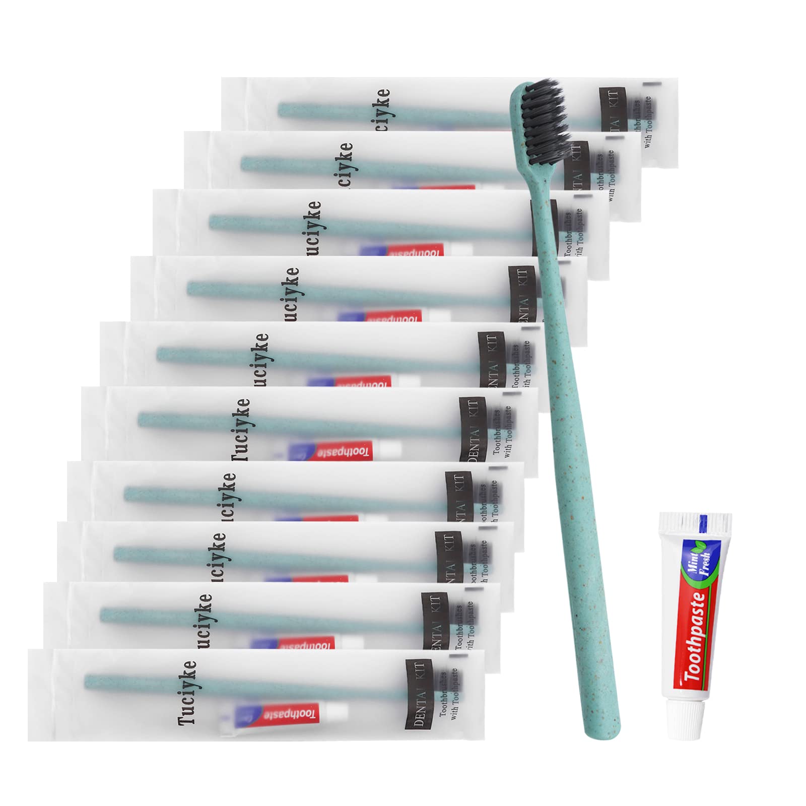 Tuciyke Disposable Toothbrush with Toothpaste Set Pack of 25,Straw Green Individually Wrapped Manual Travel Toothbrush Kit in Bulk Toiletries for Adults,Kids,Hotel,Homeless,Nursing Home,Charity