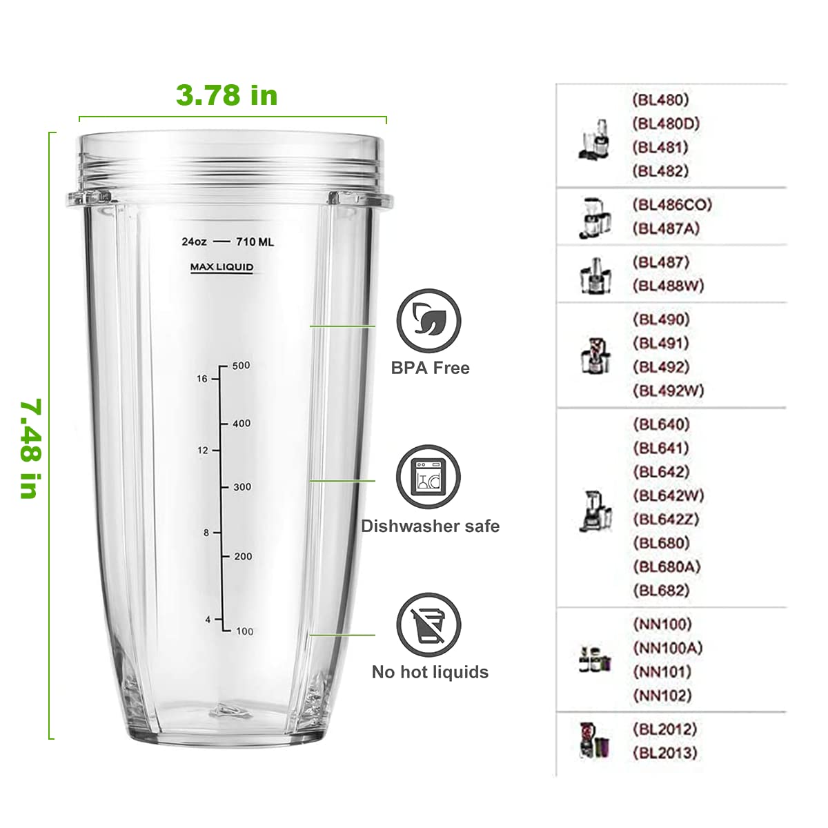 Ninja Blender Cups Replacement, 24 oz Ninja Blender Accessories for Ninja Auto iQ BL480/482/642/682/450, BN401/751/801, Foodi SS351/151/401, Auto IQ Blade