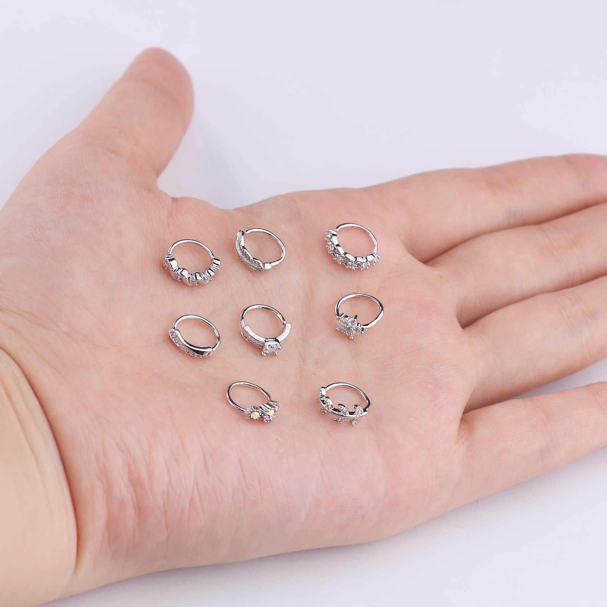 ORAZIO 8Pcs 20G Stainless Steel Nose Ring Hoop Paved CZ Leaf Cartilage Earring for Women Body Ear Piercing Hoop Ring for Nose Ear Cartilage