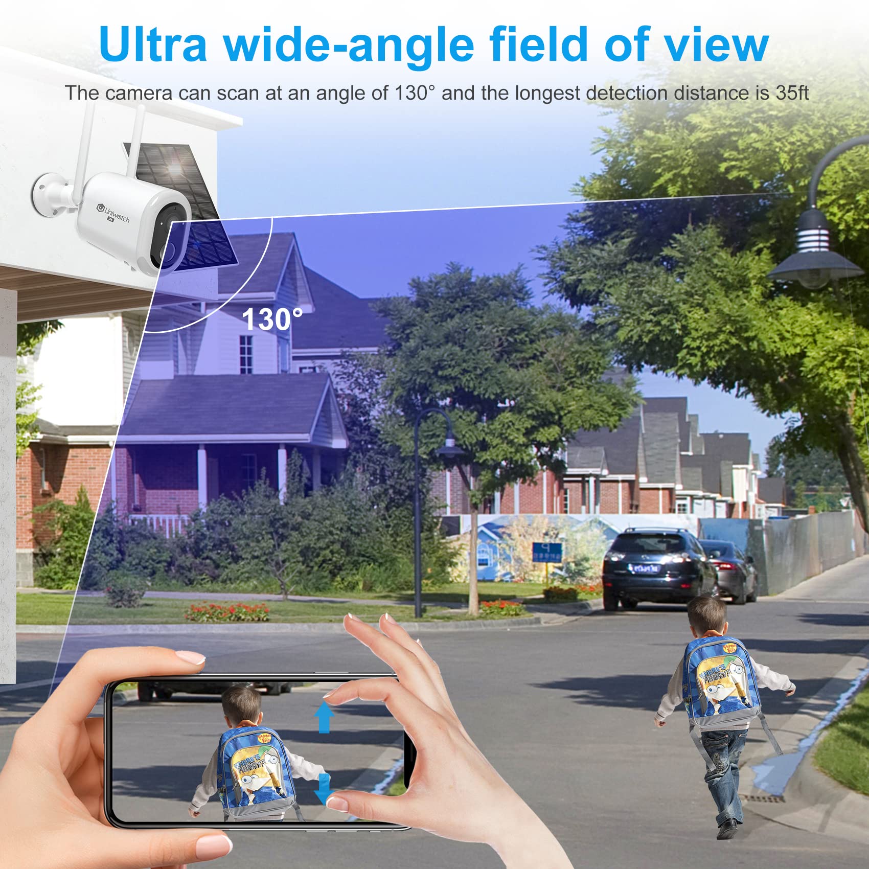 uniwatch 3MP Solar Security Cameras Wireless Outdoor for Home Security, Two Spotlights, 2K Color Night Vision Battery Powered Camera with 2.4GHz WiFi, PIR, Two-Way Talk, IP66, Cloud/SD