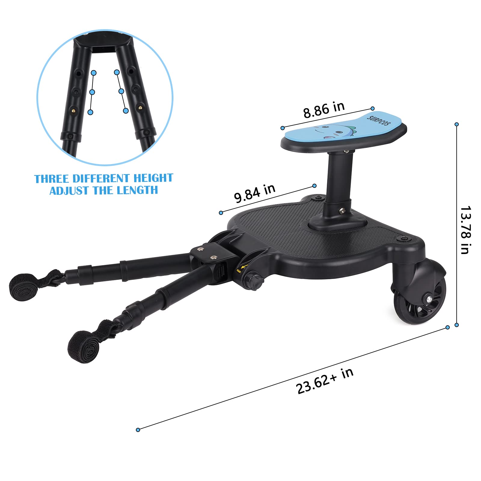 SURPCOS Universal Stroller Board 2-in-1 Buggy Board with Detachable Seat Standing Board, Rider Stroller Glider Board Suitable for Most Brands of Strollers, Holds Children Up to 55lbs Blue