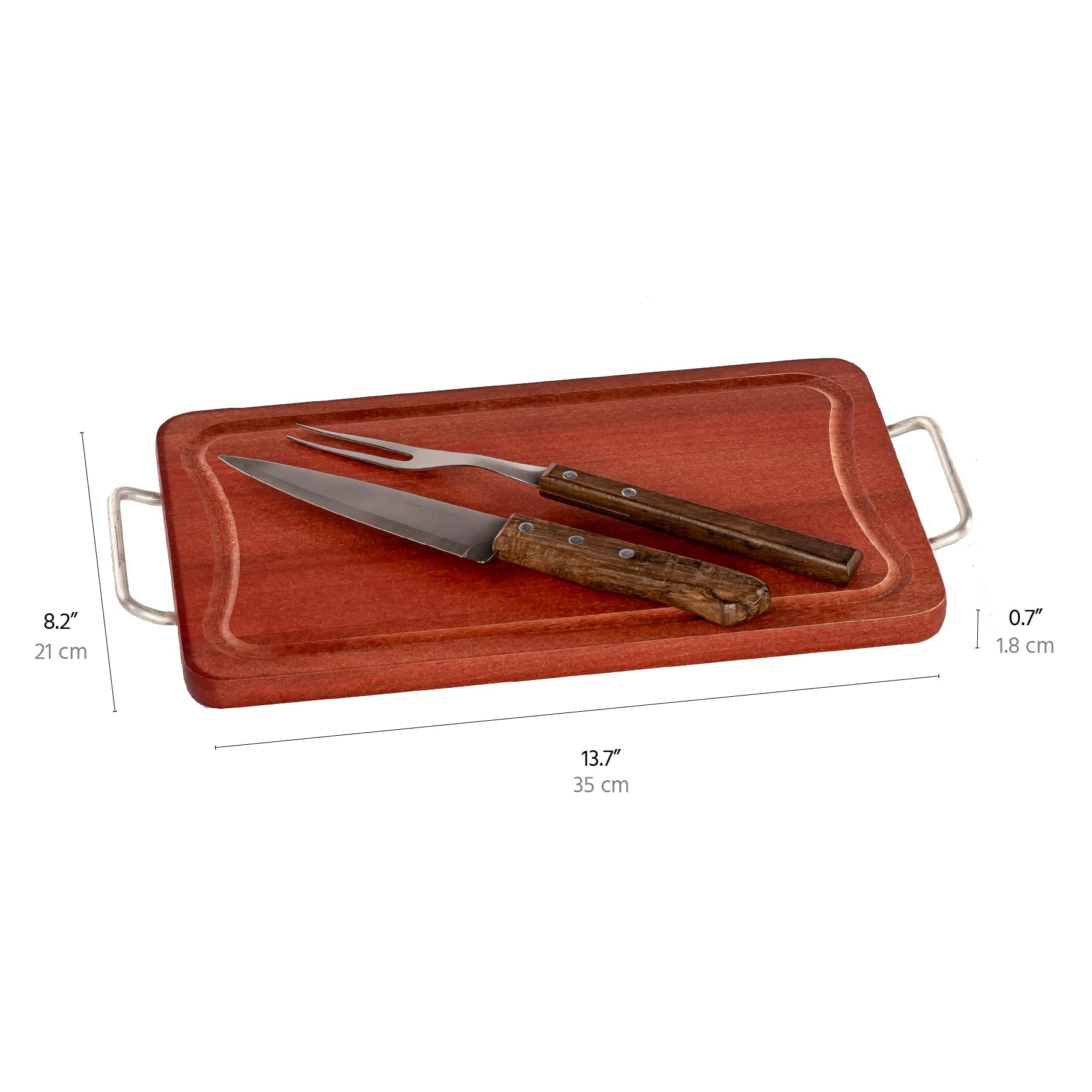 Meistar Premium Wooden Cutting Board with Stylish Metallic Handles - Includes BBQ Stainless Steel Knife and Fork Set (Medium)