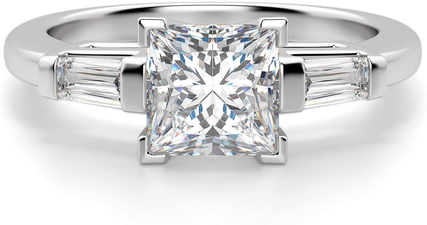 RITZIN Beautiful Princess & Baguette Cut White Moissanite Diamond Three Stone Ring Crafted In 925 Sterling Silver or 10K 14K White Gold Ring (14K Gold, US6)