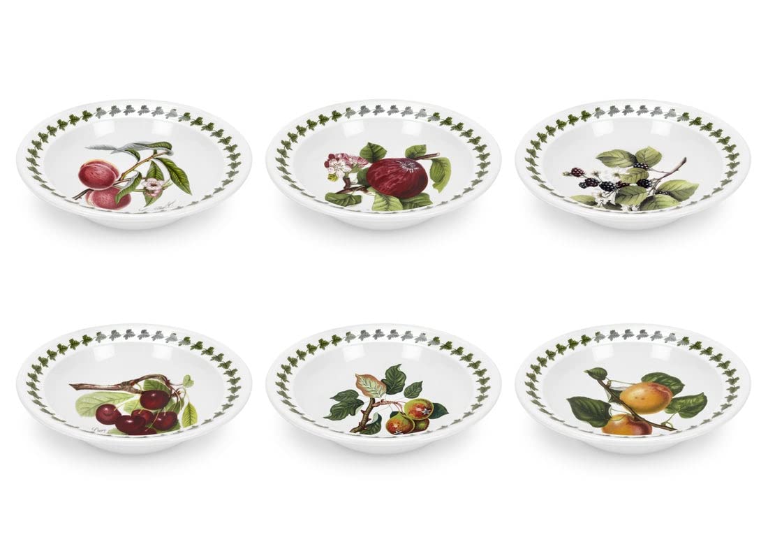 Portmeirion Pomona Collection | Set of 6 | Ceramic Dinnerware Dish Set | Microwave and Dishwasher Safe | Assorted Fruit Motifs | Made in England (Oatmeal/Soup Bowl)