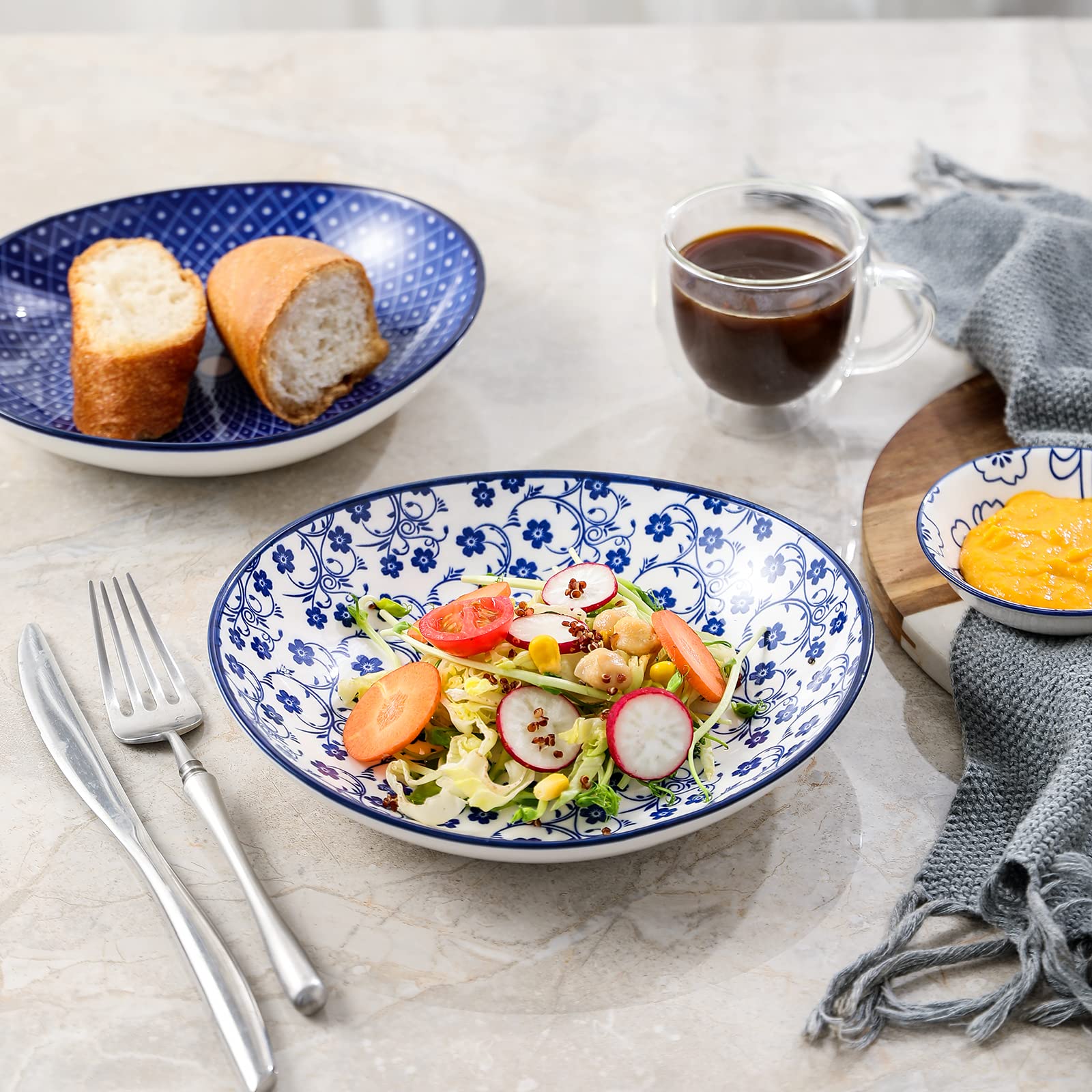 Selamica Porcelain 20oz Bowls Set Bundle with 8 inch Porcelain Pasta Bowls, Vintage Blue