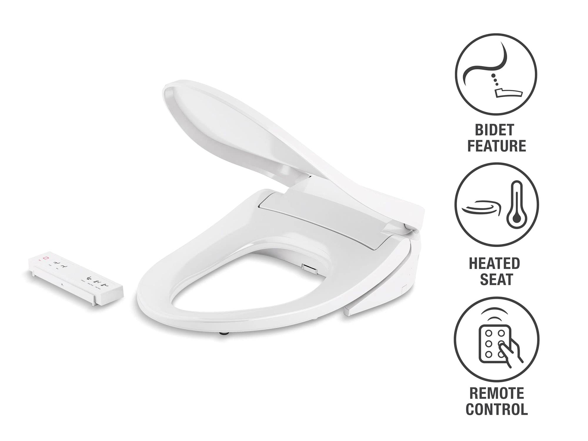 KOHLER 27142-CR-0 PureWash E700 Elongated Heated Bidet Toilet Seat with Remote Control, Bidet Warm Water, Adjustable Bidet Sprayer for Existing Toilets, White