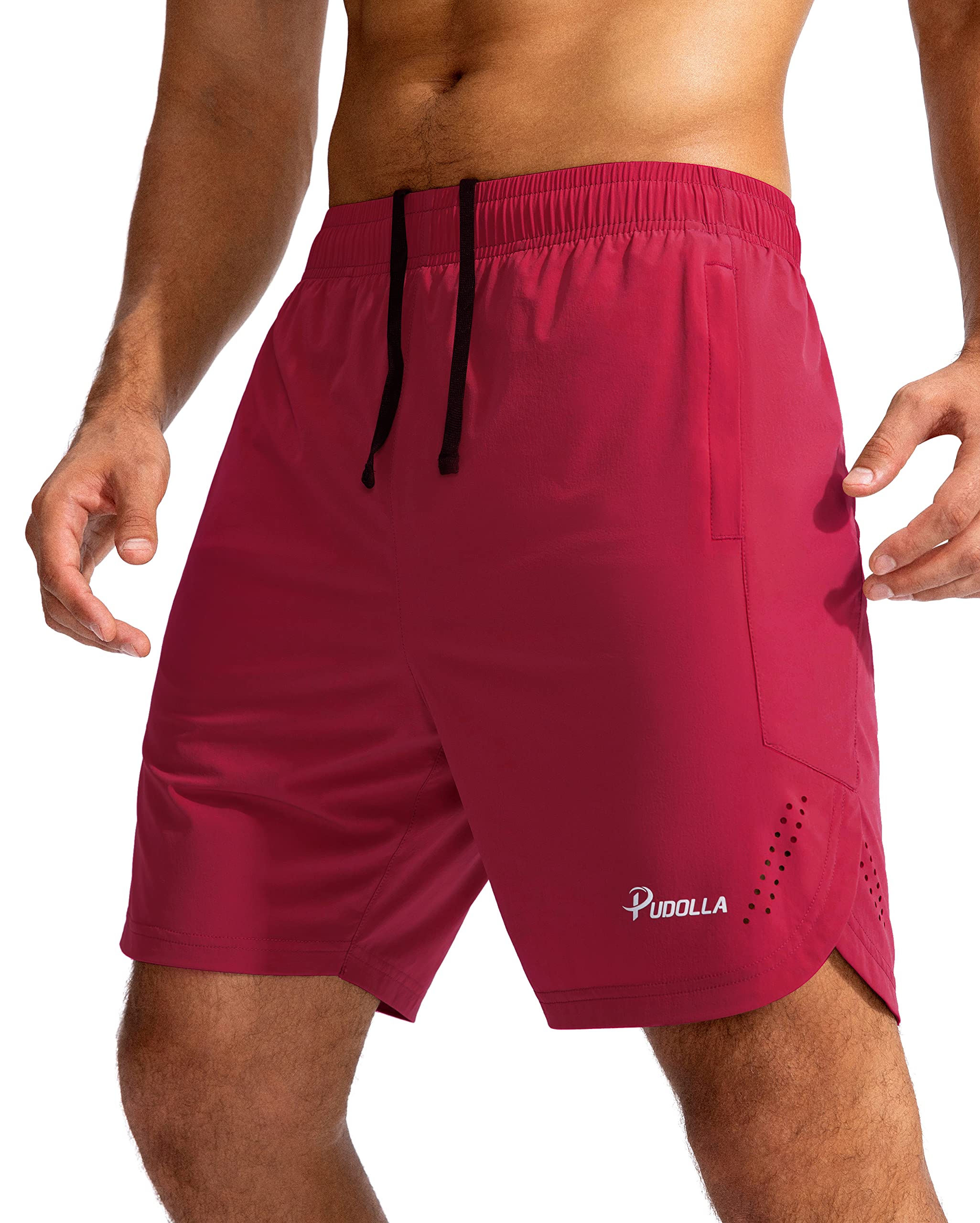 Pudolla Men's Athletic Running Shorts 7'' Gym Workout Shorts for Men Lightweight Sports Training with Zipper Pockets(Red XX-Large)