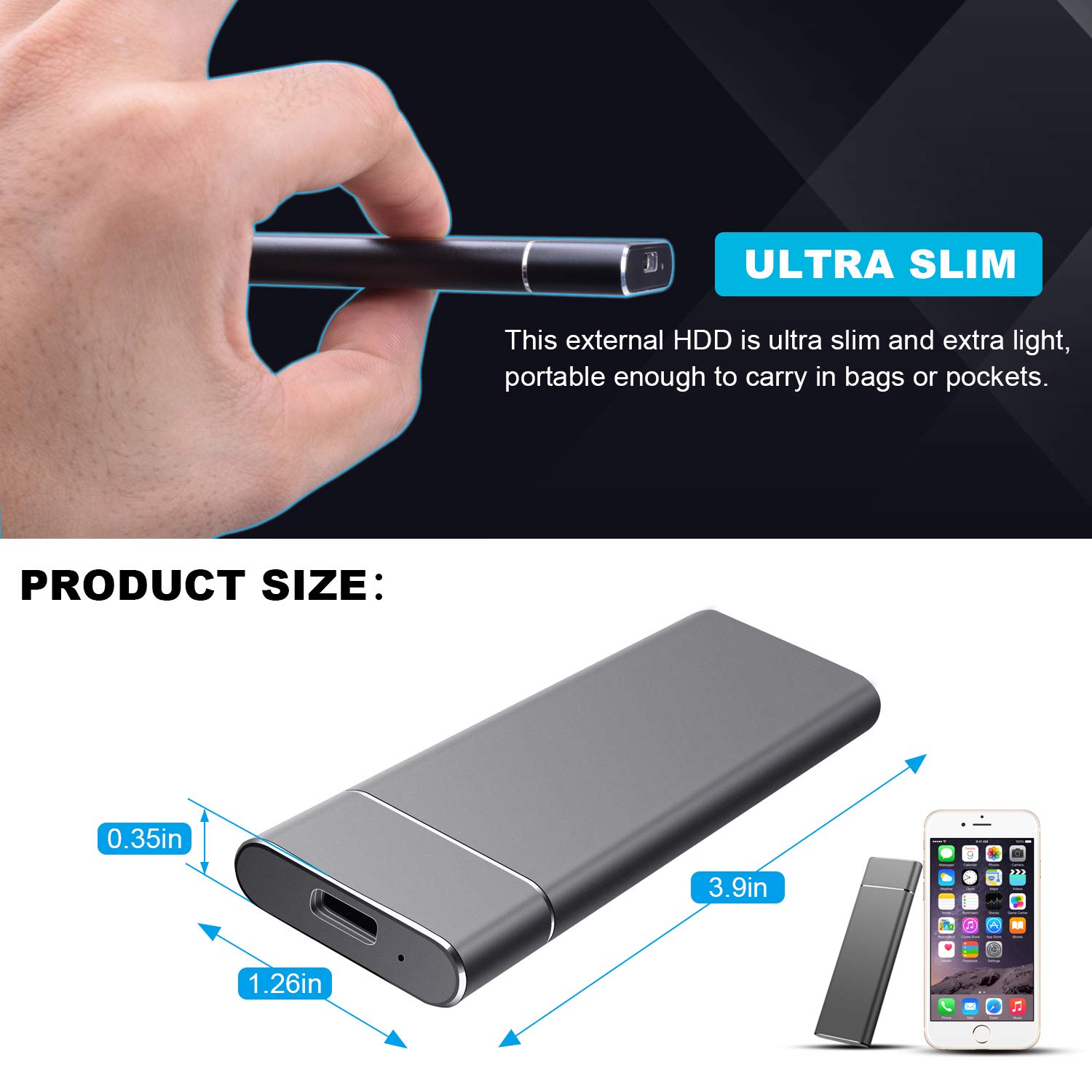 WORUIJIA External Hard Drive for Mac, PC, Laptop, Desktop - Portable External Hard Drive 2TB, High Capacity and Ultra Slim, Data Backup Portable Hard Drive(Blue-C,2TB)