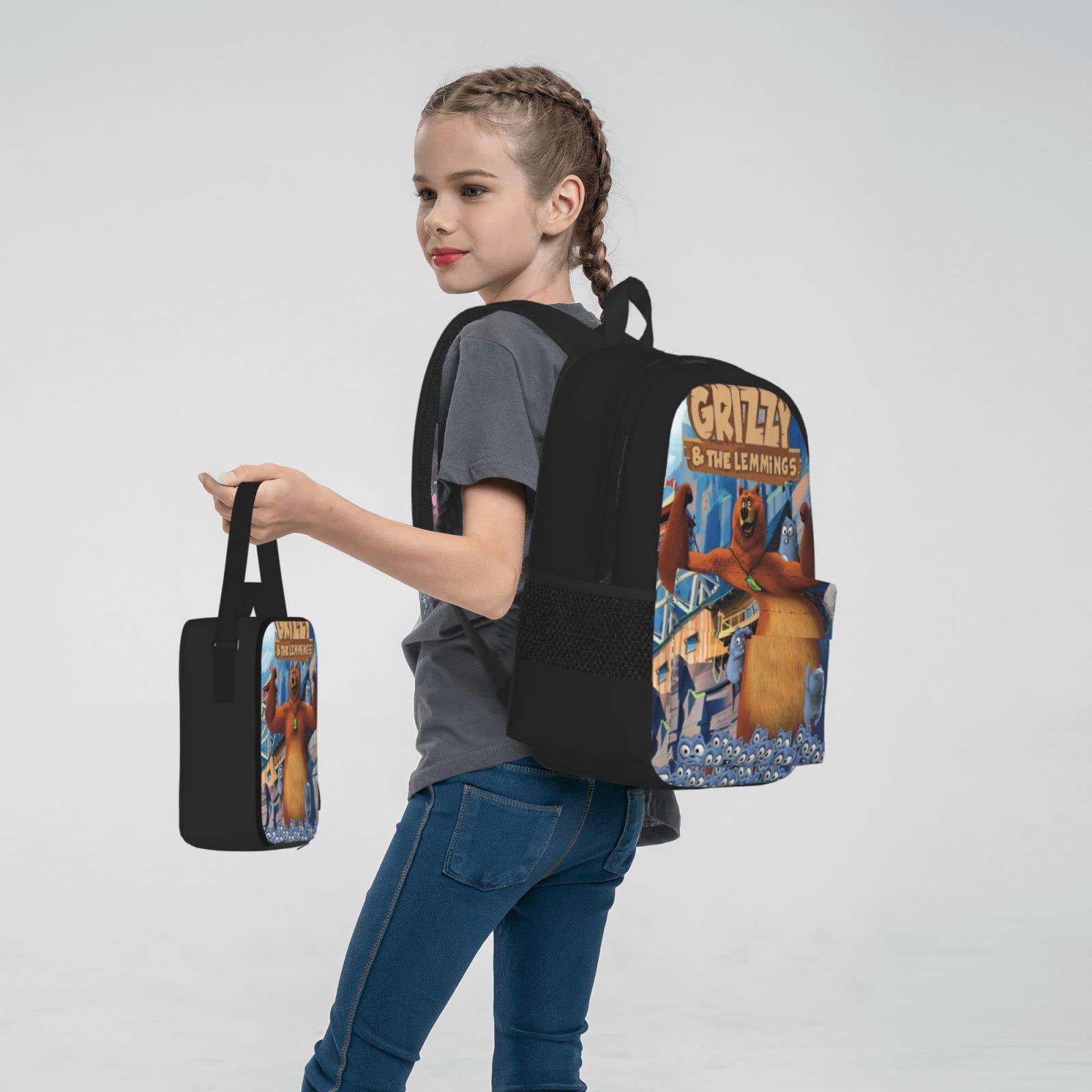 ORPJXIO Backpack 3 Piece Set Grizzy and Anime The Lemmings Laptop Backpack Pencil Case Lunch Bag Combination For Travel Work Camping