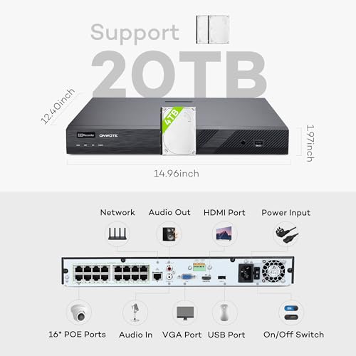 ONWOTE Wired 4K Security Camera System PoE 16 Channel 4TB, AI-Human-Vehicle-Detection, 128° Wide Angle, 8 * 8MP Outdoor Commercial IP Cameras with Audio, 16CH 4K NVR CCTV Surveillance for Businesses