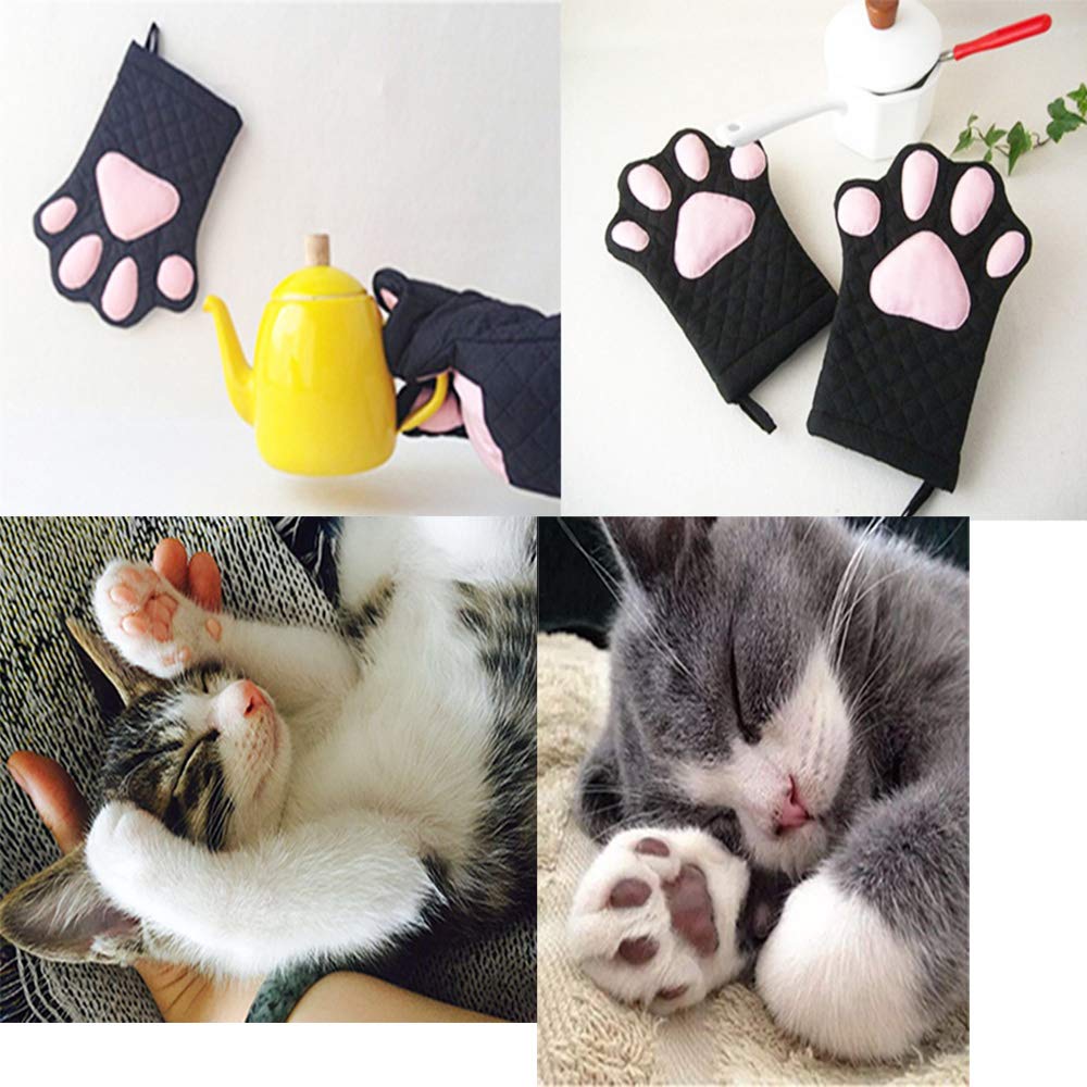 Oven Mitts,Cat Design Heat Resistant Cooking Glove Quilted Cotton Lining- Heat Resistant Pot Holder Gloves for Grilling & Baking Gloves BBQ Oven Gloves Kitchen Tools Gift Set BBQ,Microwave (Black)