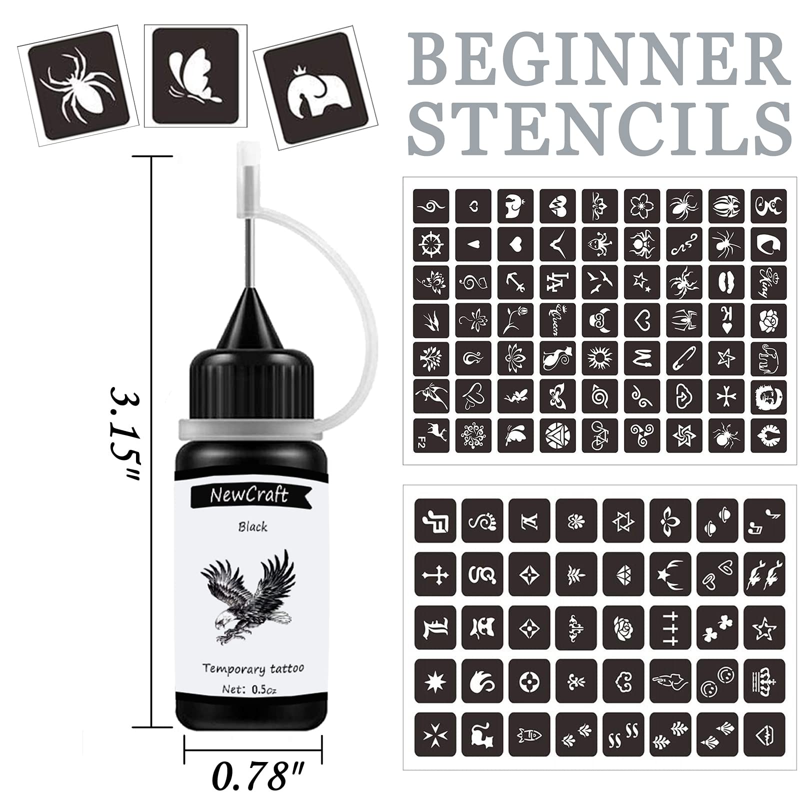 NewCraft 4 Packs Black Temporary Tattoo Ink and Stencils for Women Men Kids, Trend DIY Fake Freckles 103 Pcs Stencils Temporary Tattoo Kit