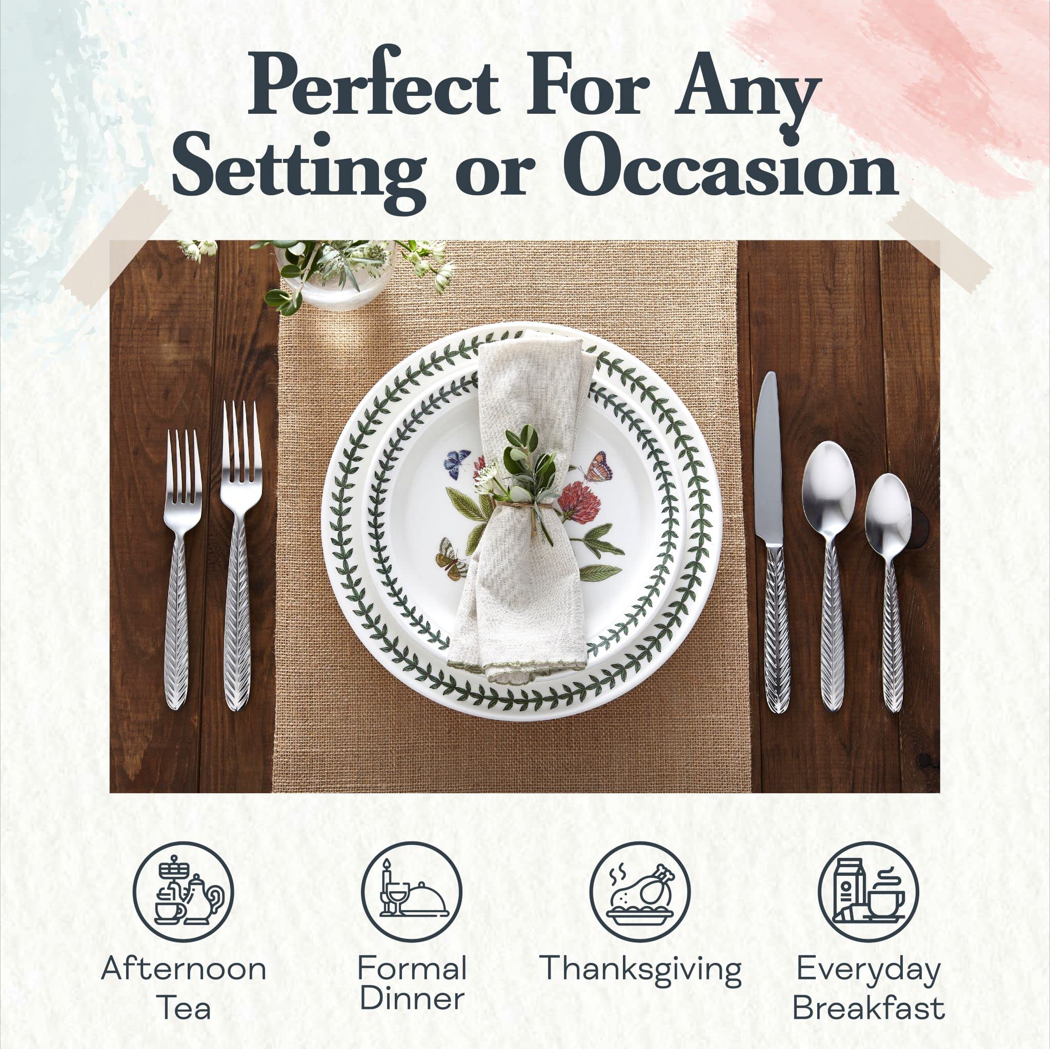 Portmeirion Botanic Garden Flatware Set Service for 4 | Utensil Sets - Dishwasher Safe | Silverware Sets - 18/10 Stainless Steel | Cutlery Set with Triple Leaf Detailing | 20 Piece Set