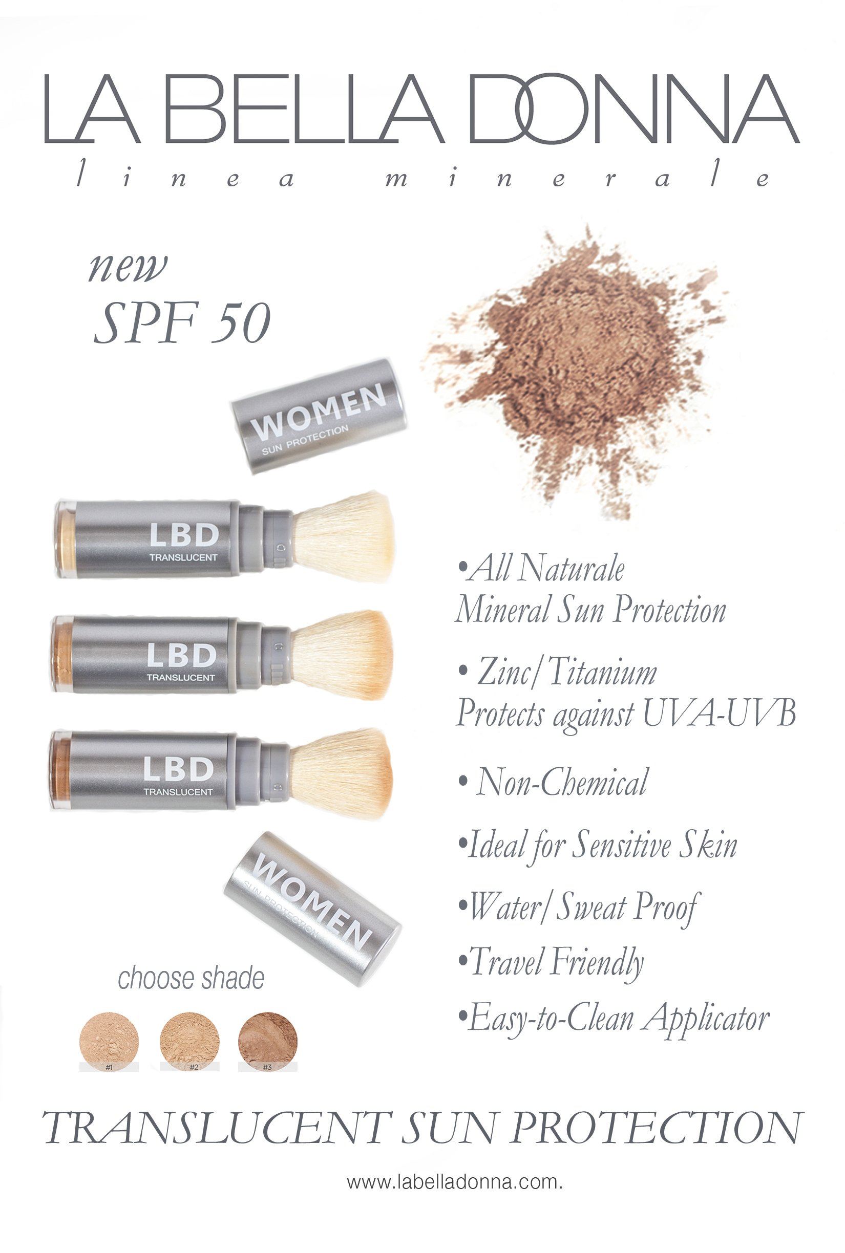 La Bella Donna Natural Mineral Women's Waterproof SPF 50 Powder Sunscreen with Exclusive Dial System Dispensing Brush | NON-NANO | NON-CHEMICAL | REEF SAFE - 5g (Fair Skin)