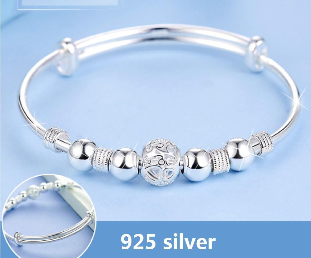 LMCIEZR Women's Simple Sterling Silver Beads Bangle Bracelet Transfer Lucky Beads Bracelet Cuff Bracelet Bangle with Open Design