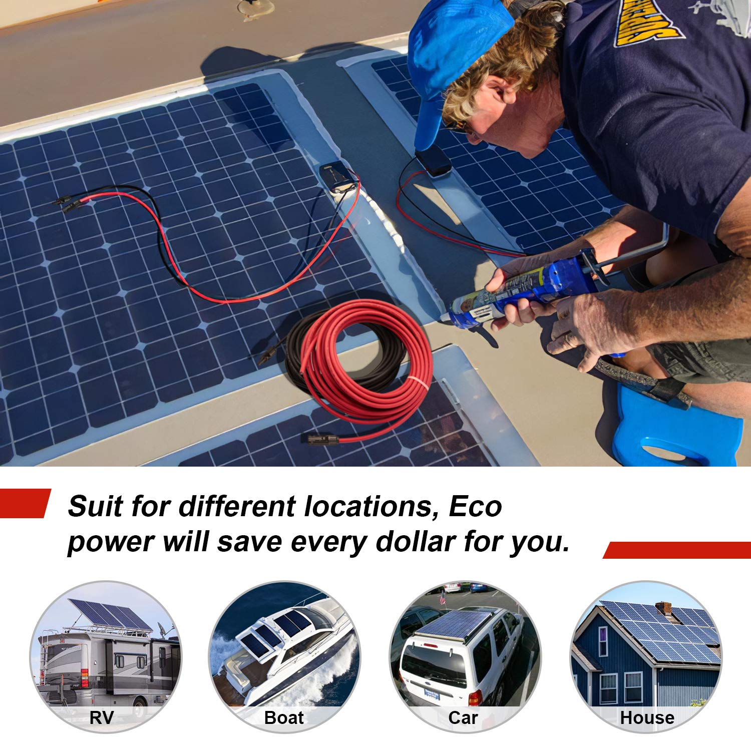 Kohree 20 Feet Solar Panel Extension Cable: 10AWG with Female and Male Connectors,6mm Solar Panel Wires with Extra Free Connectors Extension Adaptor Kit Tool for RV Solar Panel(20FT Red + 20FT Black)