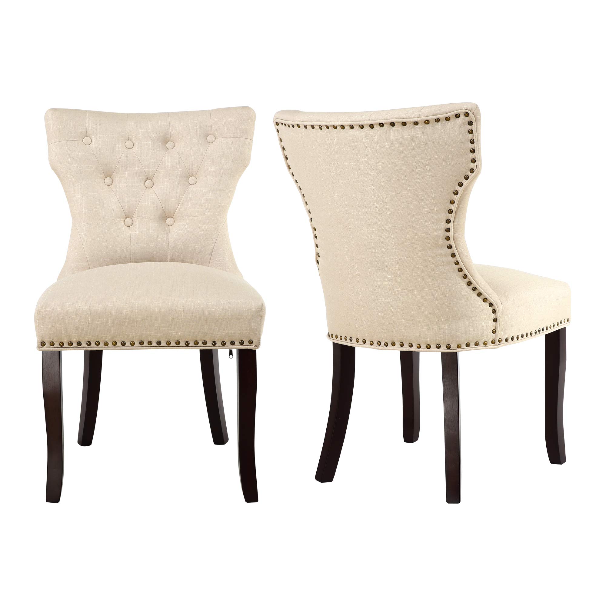 LSSBOUGHT Set of 2 Fabric Dining Chairs Leisure Padded Accent Chairs with Brown Solid Wooden Legs Nailed Trim 300 LBS Weight Capacity, Tan