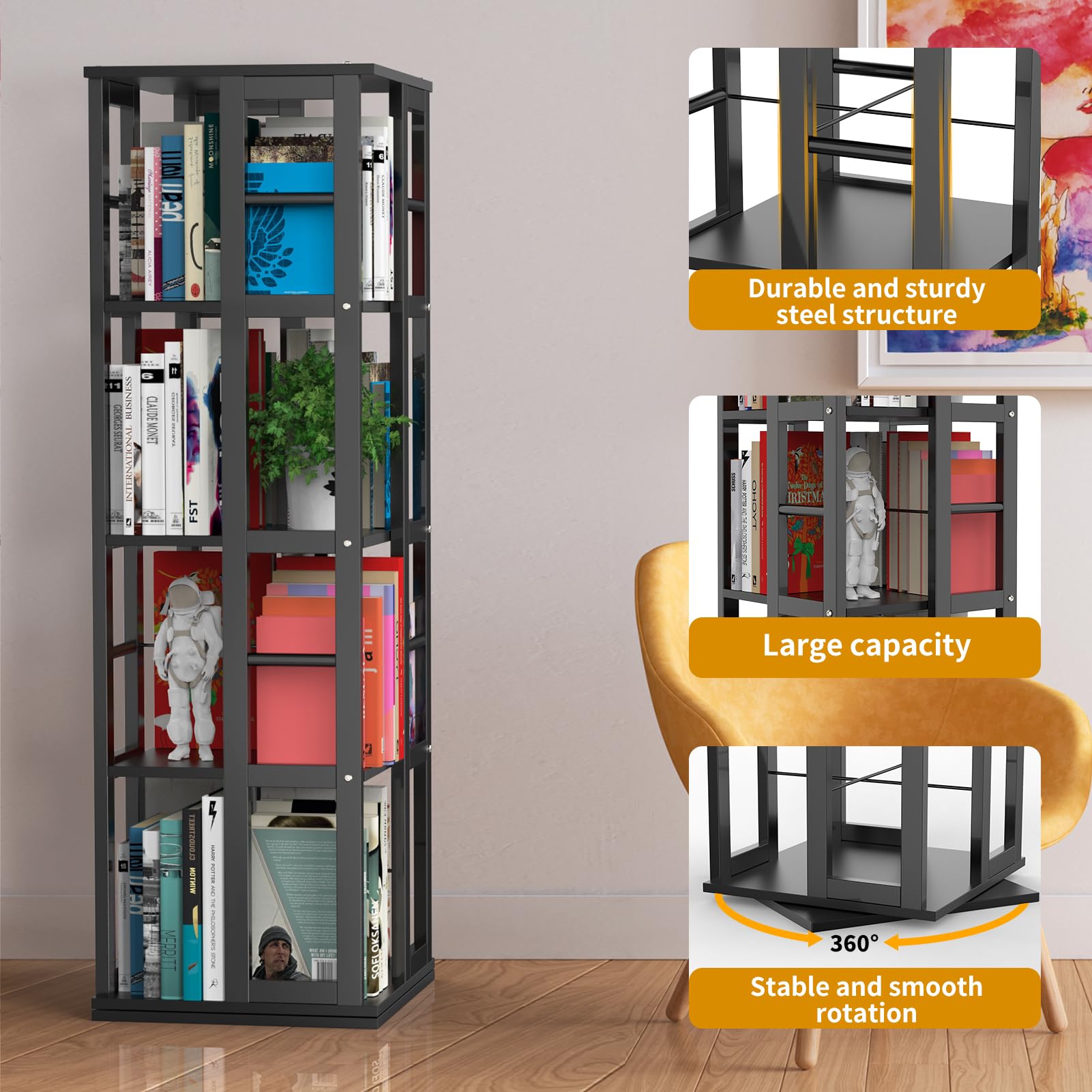 ZORA-KING Rotating Bookshelf, 360 Display Spinning Bookshelf, 4 Tier Floor Standing Bookcase Storage Rack for Kids&Adults, Narrow Shelf Revolving Bookcase for Small Space, Living Room, Study Room