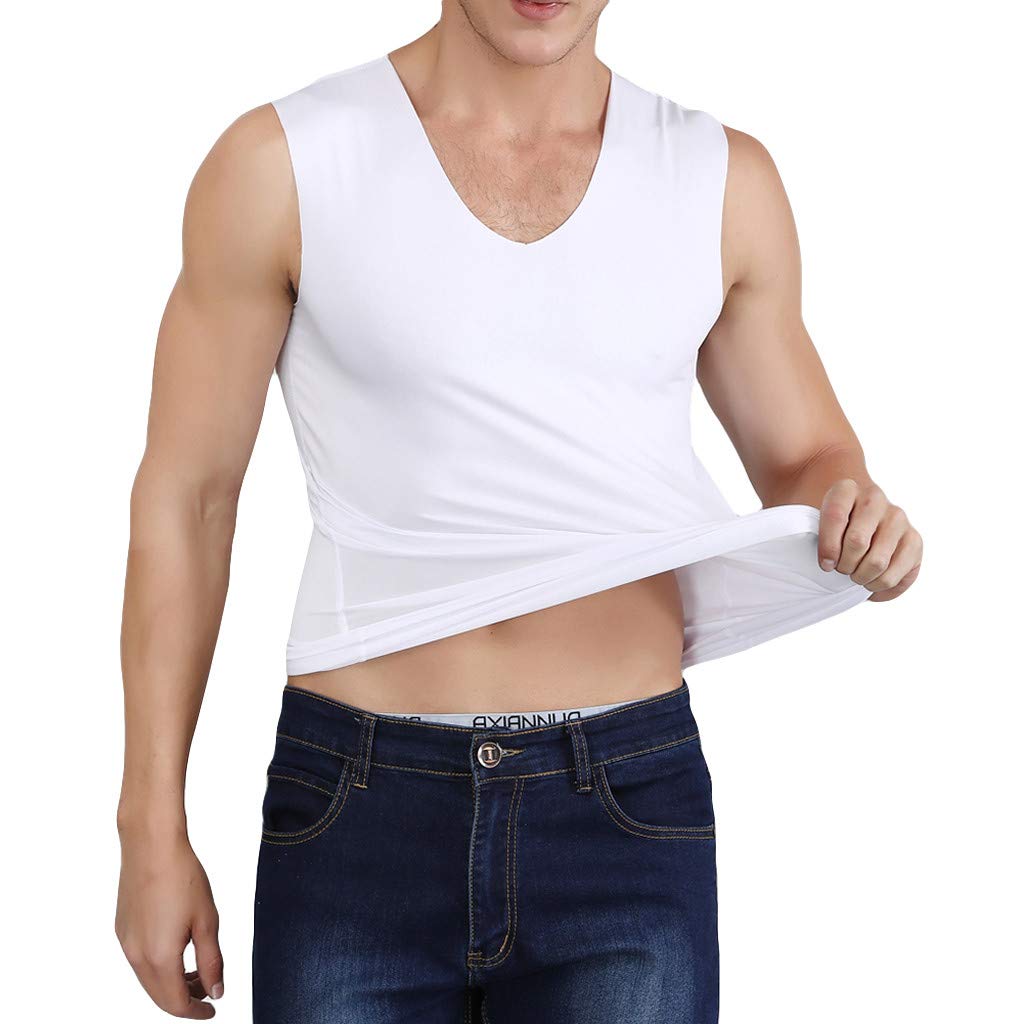 Men's Tee Shirt Ice Silk Traceless Cool Thin Breathable Wide Shoulder Tank Pure V-Neck Sleeveless Vest Top Blouse M-4XL