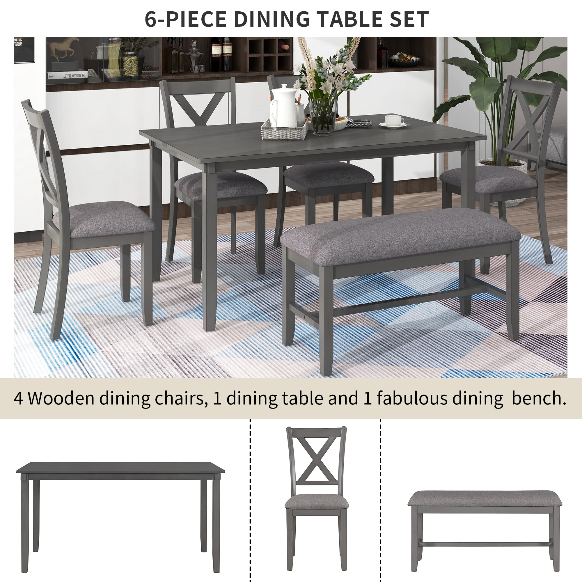 KoiHome 7-Piece Retro Shaped Legs, 6 Upholstered Chairs with Seat Cushion, Wood Kitchen Table Set for Dining Living Room Furniture (Gray+White)