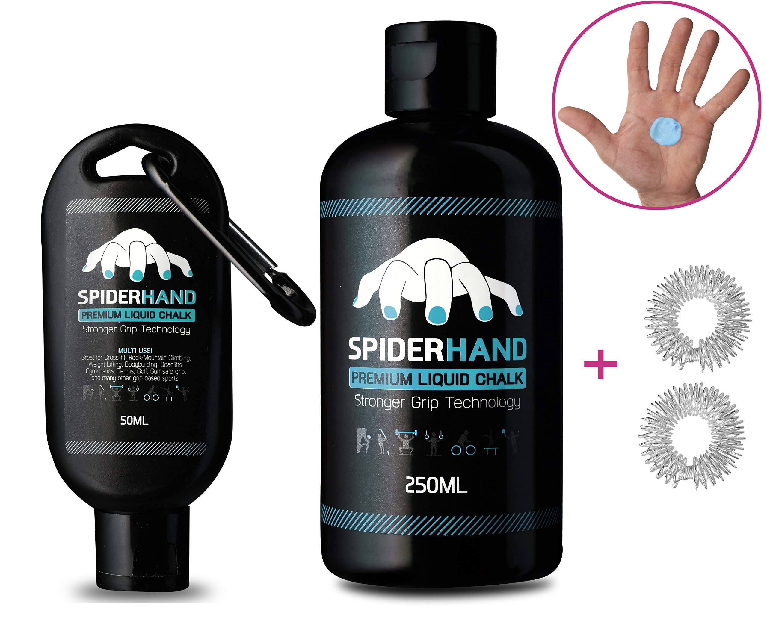 Liquid Chalk grip - Professional Hand Grip, Combo Kit 8.3 oz + 1.7 oz Travel Clip & Rings massage, liquid chalk for weight lifting,For Gymnastics, Rock Climbing, ninja warrior, golf, Training & more.