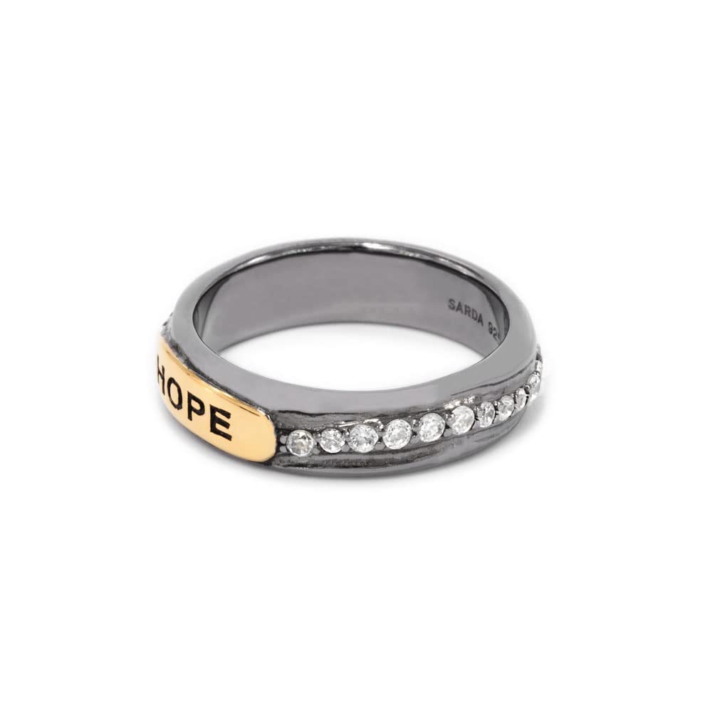 New Beginnings by Janyl Adair - Oxidized Black Rhodium & Yellow Gold Plated .925 Sterling Silver White Zircon HOPE Engraved Statement Ring - Size 7