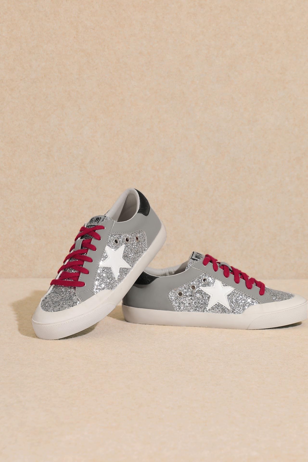Mi.iM Harbor Rubber Sole Lace-up Glitter Leather Star Sneakers (6, Silver White)