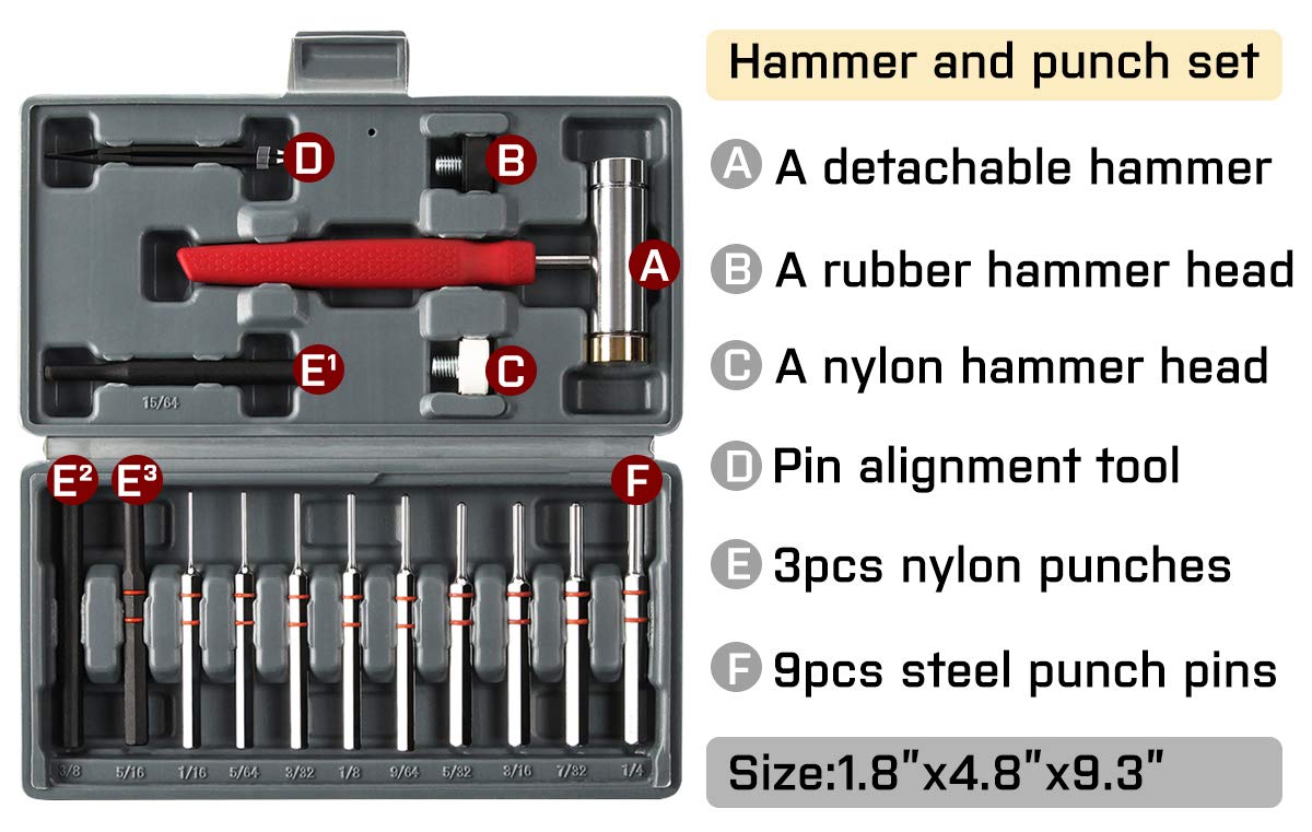W WIREGEAR Punch Set Elite Tool Made of Solid Material Including Steel Punch and Hammer with Bench Block Ideal for Maintenance with Storage Case