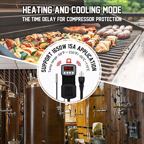 WILLHI Digital Temperature Controller Build in Outlet 1650W 110V 15A Over Current Protection Thermostat Controller Heating Cooling -58~230β for Reptile Freezer Greenhouse Temperature Control, WH-1803A